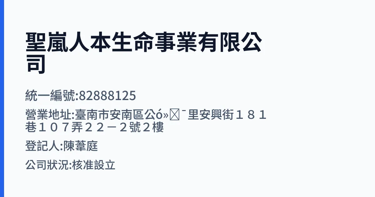 聖嵐人本生命事業有限公司 - 統編 82888125(臺南市) 公司登記資料與營業項目詳細圖表