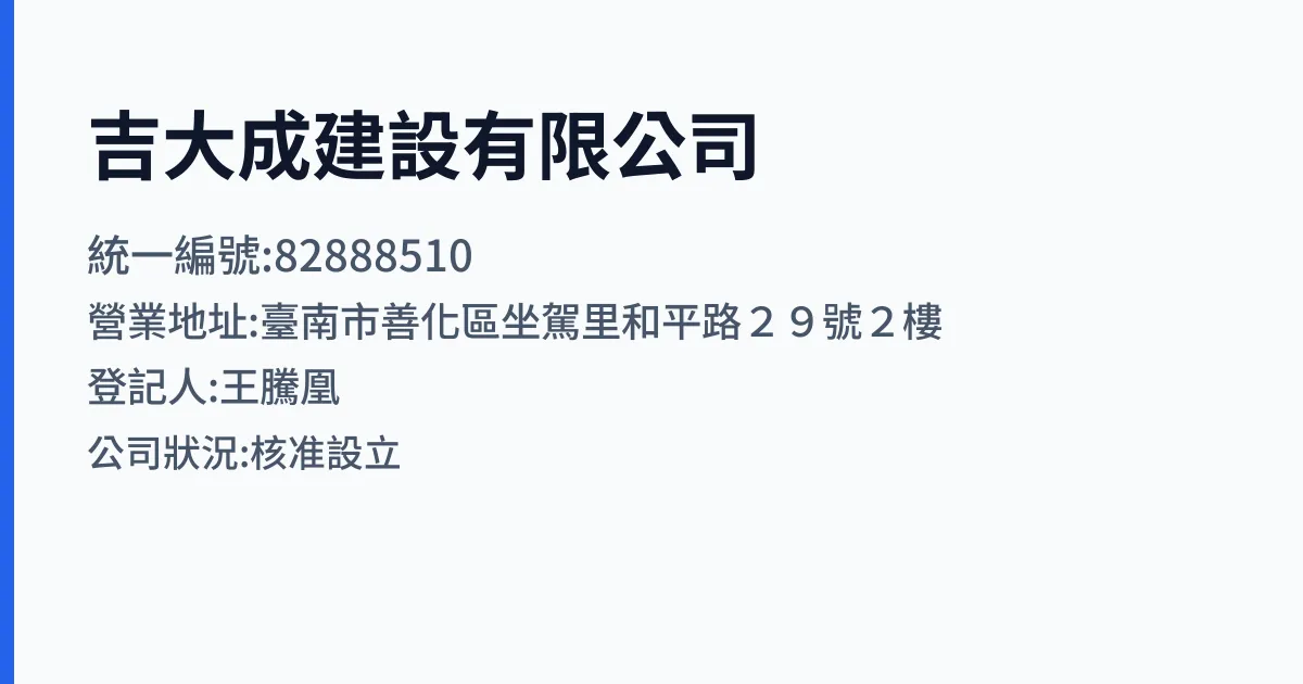 吉大成建設有限公司 - 統編 82888510(臺南市) 公司登記資料與營業項目詳細圖表