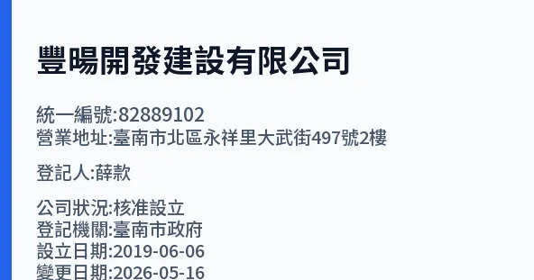 豐暘開發建設有限公司的照片-統編 82889102(臺南市) 公司登記資料與營業項目詳細圖表