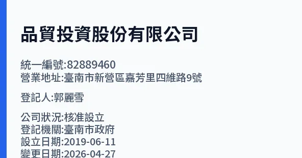 品貿投資股份有限公司的照片-統編 82889460(臺南市) 公司登記資料與營業項目詳細圖表