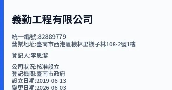 義勤工程有限公司的照片-統編 82889779(臺南市) 公司登記資料與營業項目詳細圖表