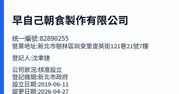 早自己朝食製作有限公司的照片-統編 82890255(新北市) 公司登記資料與營業項目詳細圖表