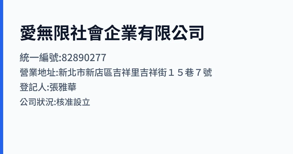 愛無限社會企業有限公司 - 統編 82890277(新北市) 公司登記資料與營業項目詳細圖表