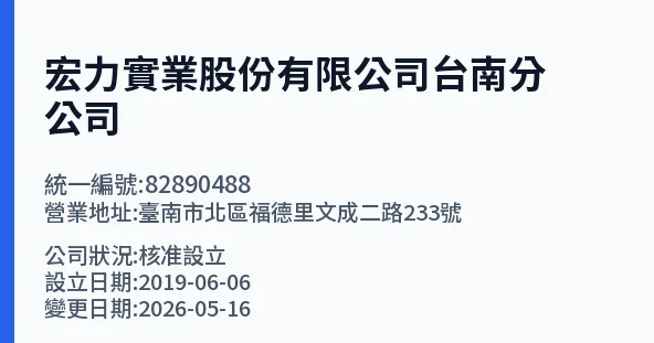 宏力實業股份有限公司台南分公司的照片-統編 82890488(臺南市) 公司登記資料與營業項目詳細圖表