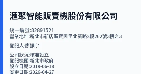 滙聚智能販賣機股份有限公司的照片-統編 82891521(新北市) 公司登記資料與營業項目詳細圖表