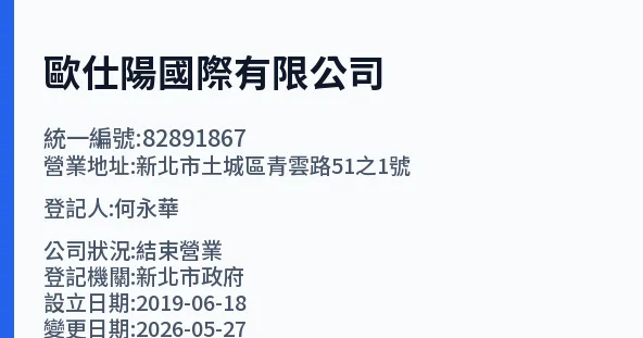 歐仕陽國際有限公司的照片-統編 82891867(新北市) 公司登記資料與營業項目詳細圖表