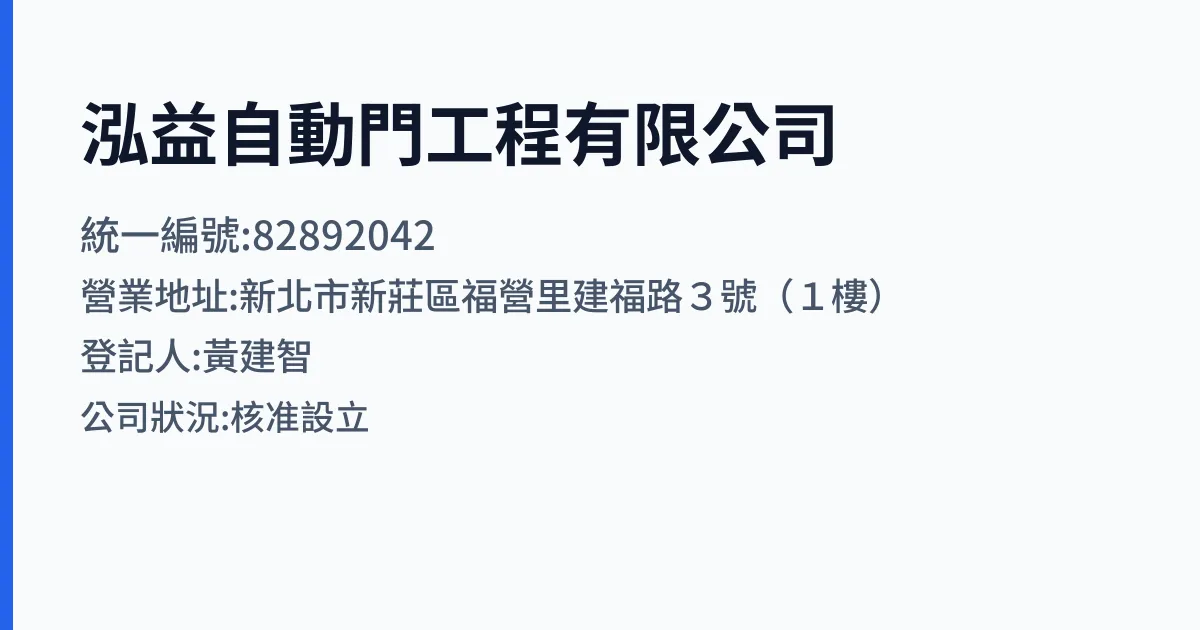 泓益自動門工程有限公司 - 統編 82892042(新北市) 公司登記資料與營業項目詳細圖表