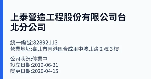 上泰營造工程股份有限公司台北分公司的照片-統編 82892113(臺北市) 公司登記資料與營業項目詳細圖表