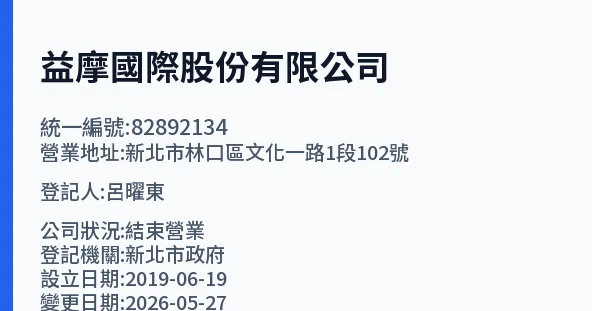 益摩國際股份有限公司的照片-統編 82892134(新北市) 公司登記資料與營業項目詳細圖表