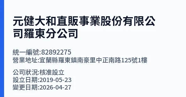 元健大和直販事業股份有限公司羅東分公司的照片-統編 82892275(宜蘭縣) 公司登記資料與營業項目詳細圖表