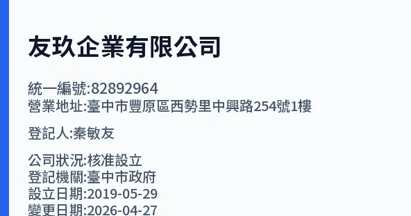 友玖企業有限公司的照片-統編 82892964(臺中市) 公司登記資料與營業項目詳細圖表
