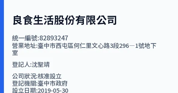 良食生活股份有限公司的照片-統編 82893247(臺中市) 公司登記資料與營業項目詳細圖表