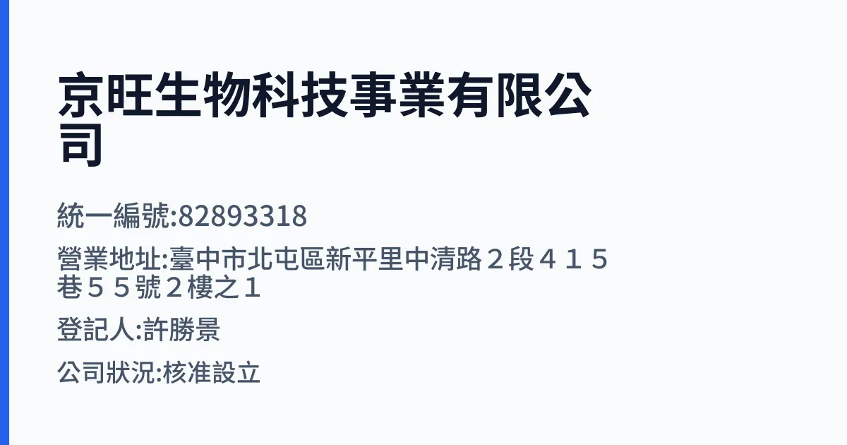 京旺生物科技事業有限公司 - 統編 82893318(臺中市) 公司登記資料與營業項目詳細圖表