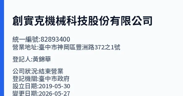 創實克機械科技股份有限公司的照片-統編 82893400(臺中市) 公司登記資料與營業項目詳細圖表