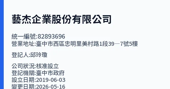 藝杰企業股份有限公司的照片-統編 82893696(臺中市) 公司登記資料與營業項目詳細圖表