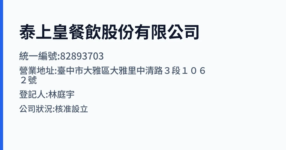 泰上皇餐飲股份有限公司 - 統編 82893703(臺中市) 公司登記資料與營業項目詳細圖表