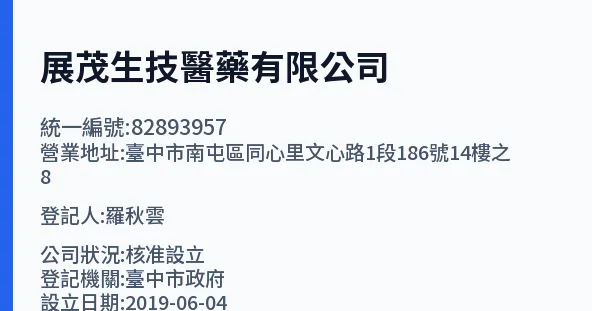 展茂生技醫藥有限公司的照片-統編 82893957(臺中市) 公司登記資料與營業項目詳細圖表