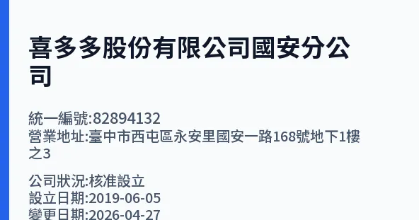 喜多多股份有限公司國安分公司的照片-統編 82894132(臺中市) 公司登記資料與營業項目詳細圖表