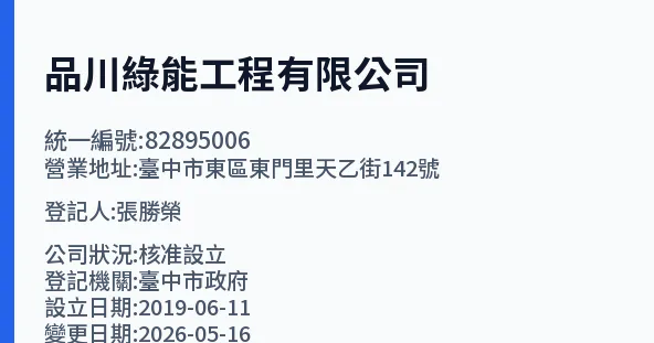 品川綠能工程有限公司的照片-統編 82895006(臺中市) 公司登記資料與營業項目詳細圖表