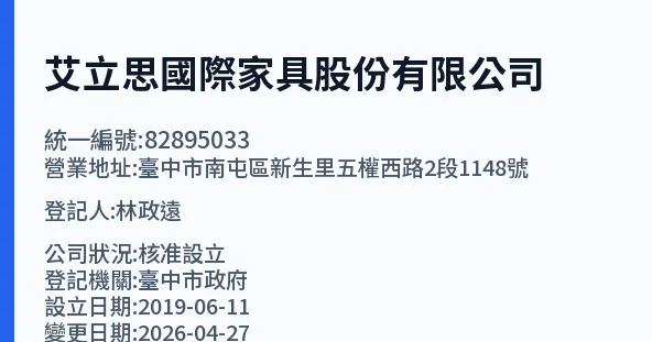 艾立思國際家具股份有限公司的照片-統編 82895033(臺中市) 公司登記資料與營業項目詳細圖表