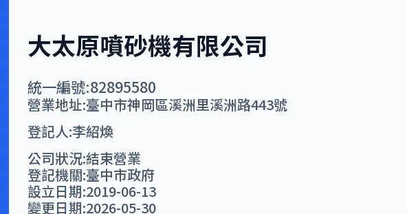 大太原噴砂機有限公司的照片-統編 82895580(臺中市) 公司登記資料與營業項目詳細圖表