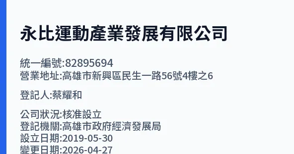 永比運動產業發展有限公司的照片-統編 82895694(高雄市) 公司登記資料與營業項目詳細圖表