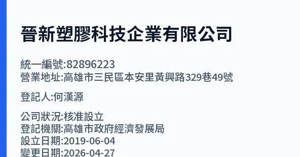 晉新塑膠科技企業有限公司的照片-統編 82896223(高雄市) 公司登記資料與營業項目詳細圖表