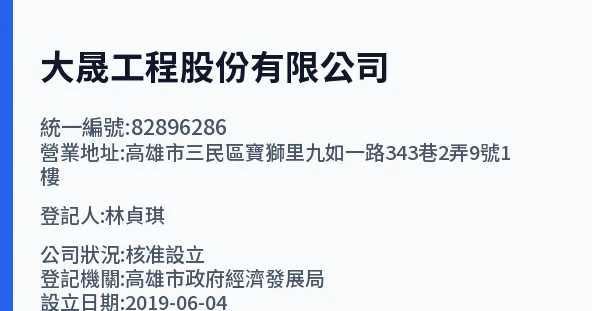 大晟工程股份有限公司的照片-統編 82896286(高雄市) 公司登記資料與營業項目詳細圖表