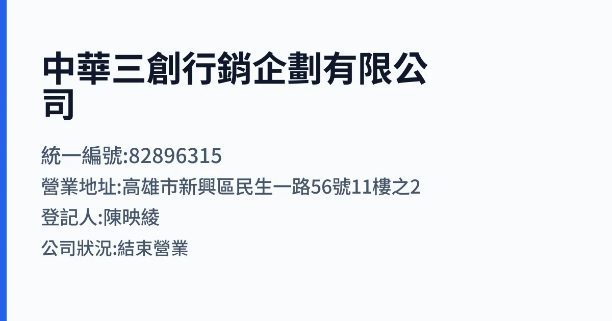 中華三創行銷企劃有限公司 - 統編 82896315(高雄市) 公司登記資料與營業項目詳細圖表
