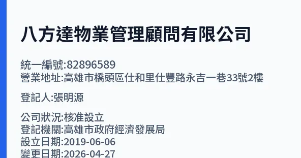 八方達物業管理顧問有限公司的照片-統編 82896589(高雄市) 公司登記資料與營業項目詳細圖表