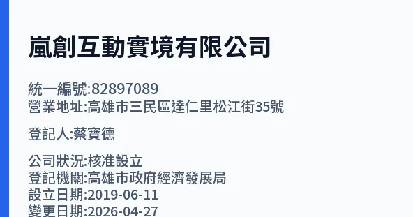 嵐創互動實境有限公司的照片-統編 82897089(高雄市) 公司登記資料與營業項目詳細圖表