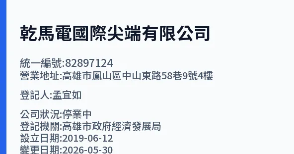 乾馬電國際尖端有限公司的照片-統編 82897124(高雄市) 公司登記資料與營業項目詳細圖表