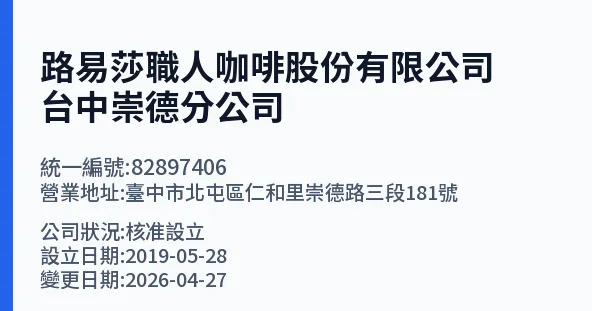 路易莎職人咖啡股份有限公司台中崇德分公司的照片-統編 82897406(臺中市) 公司登記資料與營業項目詳細圖表
