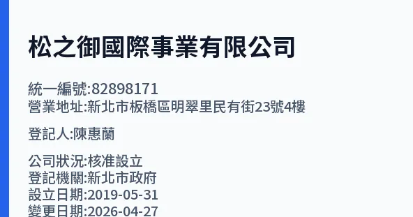 松之御國際事業有限公司的照片-統編 82898171(新北市) 公司登記資料與營業項目詳細圖表