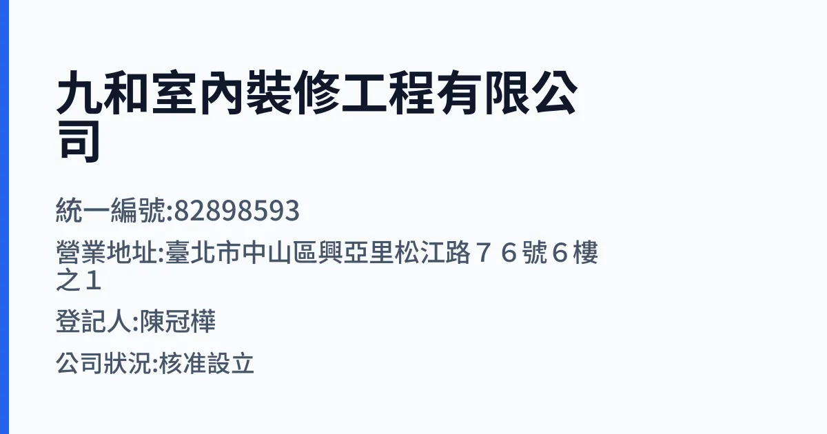 九和室內裝修工程有限公司 - 統編 82898593(新北市) 公司登記資料與營業項目詳細圖表