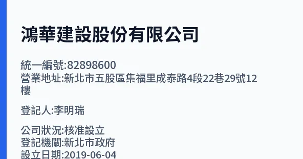 鴻華建設股份有限公司的照片-統編 82898600(新北市) 公司登記資料與營業項目詳細圖表