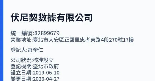 伏尼契數據有限公司的照片-統編 82899679(臺北市) 公司登記資料與營業項目詳細圖表