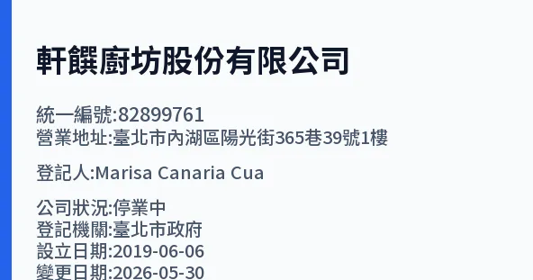 軒饌廚坊股份有限公司的照片-統編 82899761(臺北市) 公司登記資料與營業項目詳細圖表