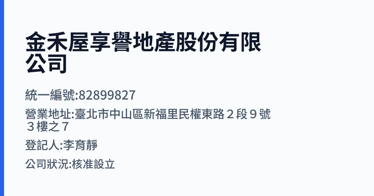 金禾屋享譽地產股份有限公司 - 統編 82899827(臺北市) 公司登記資料與營業項目詳細圖表