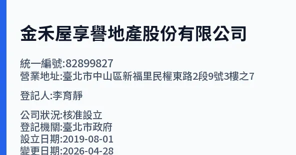 金禾屋享譽地產股份有限公司的照片-統編 82899827(臺北市) 公司登記資料與營業項目詳細圖表
