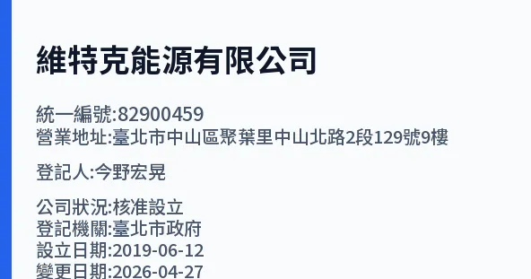 維特克能源有限公司的照片-統編 82900459(臺北市) 公司登記資料與營業項目詳細圖表