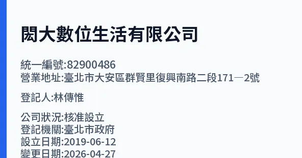 閎大數位生活有限公司的照片-統編 82900486(臺北市) 公司登記資料與營業項目詳細圖表