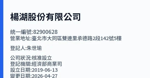 楊湖股份有限公司的照片-統編 82900628(臺北市) 公司登記資料與營業項目詳細圖表