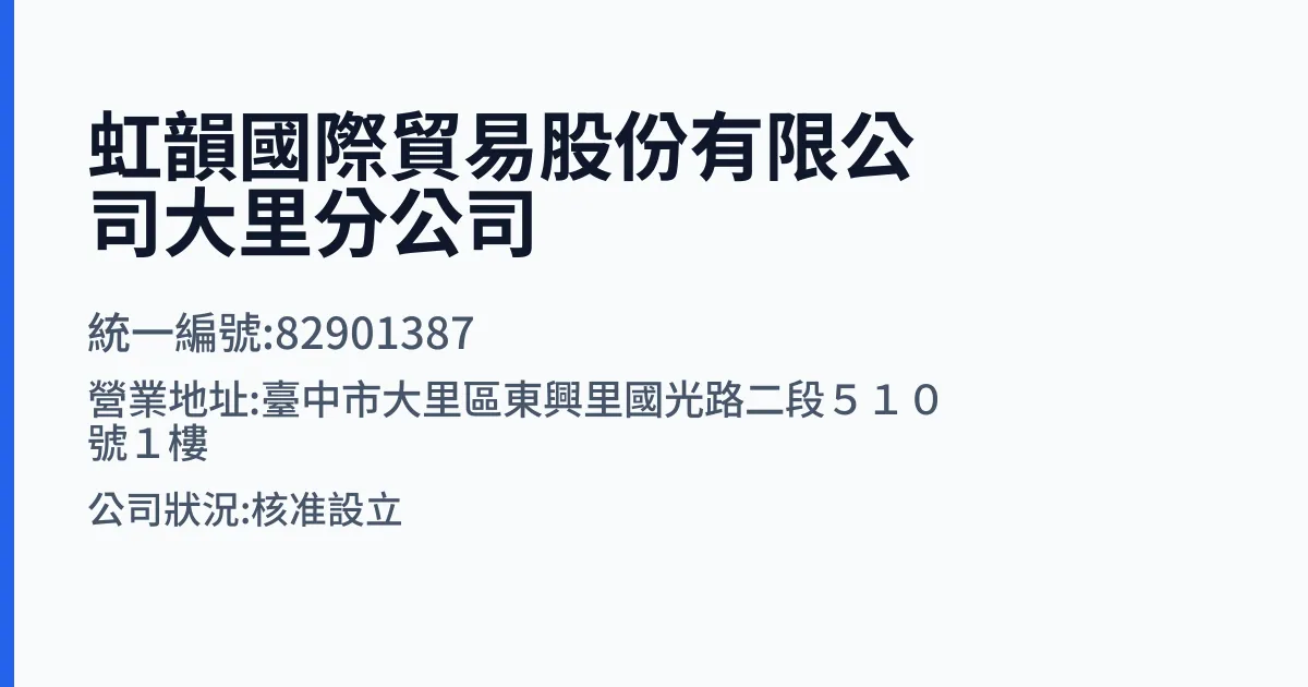 虹韻國際貿易股份有限公司大里分公司 - 統編 82901387(臺中市) 公司登記資料與營業項目詳細圖表