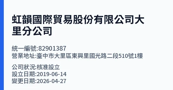 虹韻國際貿易股份有限公司大里分公司的照片-統編 82901387(臺中市) 公司登記資料與營業項目詳細圖表
