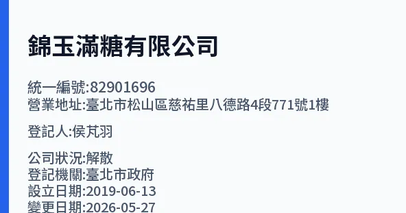 錦玉滿糖有限公司的照片-統編 82901696(臺北市) 公司登記資料與營業項目詳細圖表