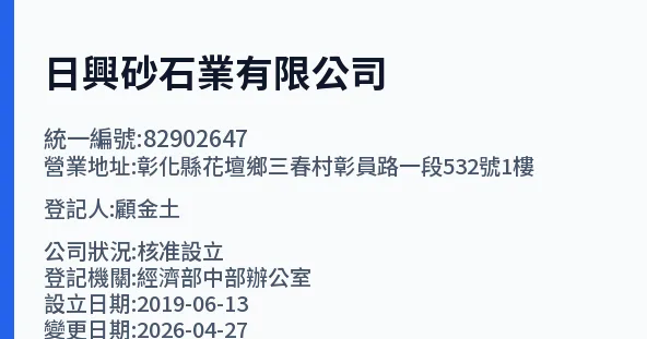 日興砂石業有限公司的照片-統編 82902647(彰化縣) 公司登記資料與營業項目詳細圖表