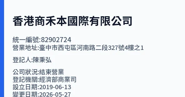 香港商禾本國際有限公司的照片-統編 82902724(臺中市) 公司登記資料與營業項目詳細圖表