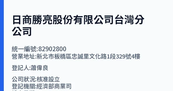 日商勝亮股份有限公司台灣分公司的照片-統編 82902800(新北市) 公司登記資料與營業項目詳細圖表