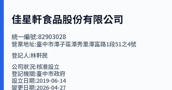 佳星軒食品股份有限公司的照片-統編 82903028(臺中市) 公司登記資料與營業項目詳細圖表